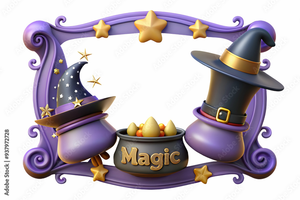 Flat Witch Hat and Cauldron Border with Magic Text concept as A ...