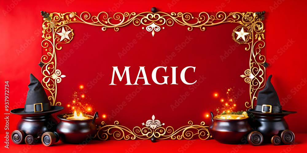 Flat Witch Hat and Cauldron Border with Magic Text concept as A ...