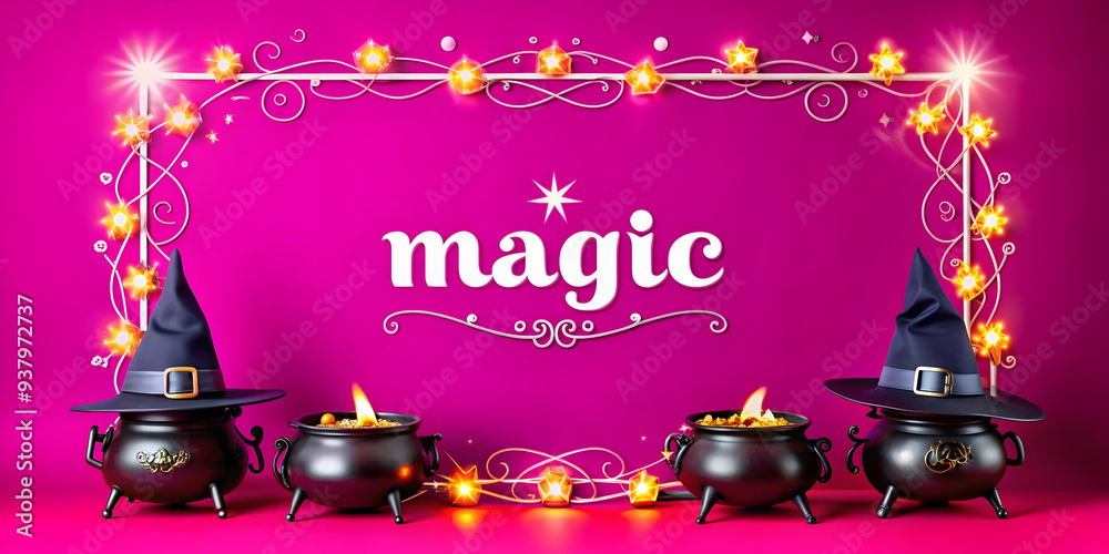 Flat Witch Hat and Cauldron Border with Magic Text concept as A ...