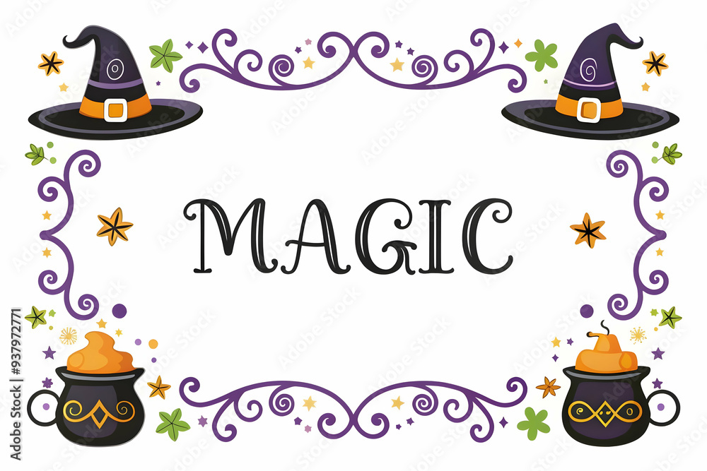 Flat Witch Hat and Cauldron Border with Magic Text concept as A ...