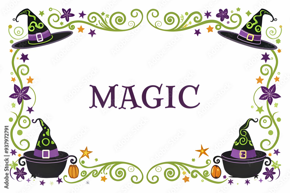 Flat Witch Hat and Cauldron Border with Magic Text concept as A ...