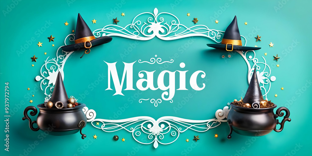 Flat Witch Hat and Cauldron Border with Magic Text concept as A ...