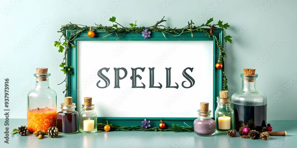 Flat Witchs Grimoire and Potion Border with Spell Text concept as A ...