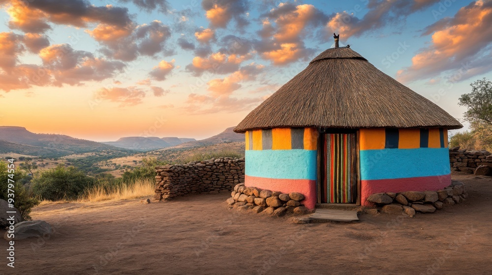 Professional photo of African hut in village. A beautiful colorful ...