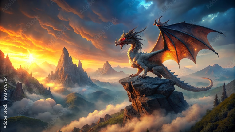 Majestic, scale-covered dragon perched on a mist-shrouded mountain peak ...