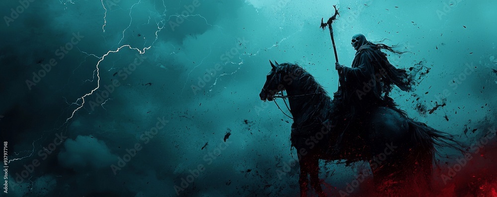 Skeleton reaper riding a black horse alongside a witch holding a staff ...