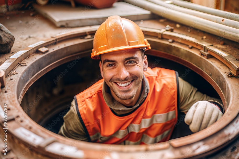 Plumber in helmet and overalls smiling, looking out of sewer manhole ...