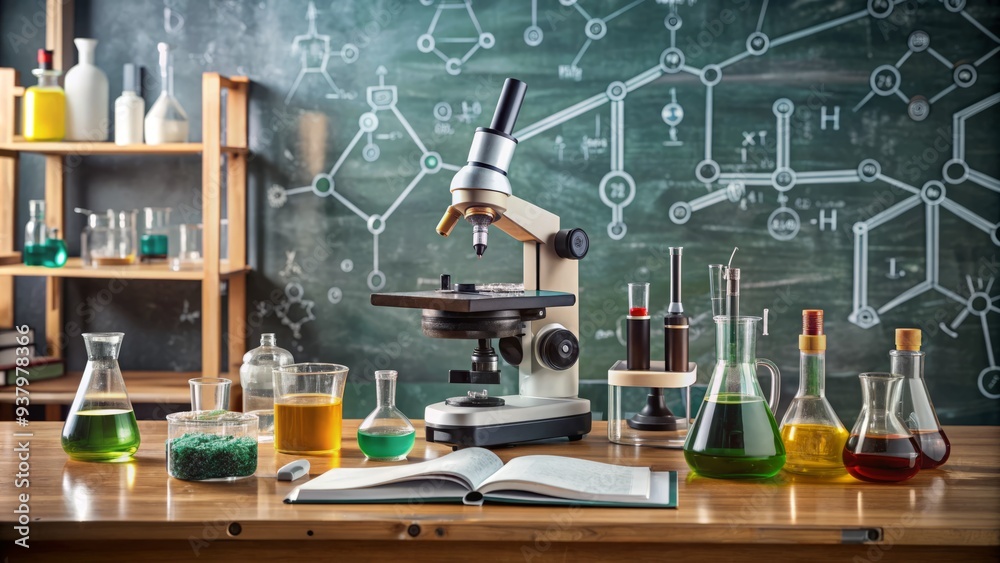 Microscope and lab equipment scattered on a cluttered desk in a busy ...