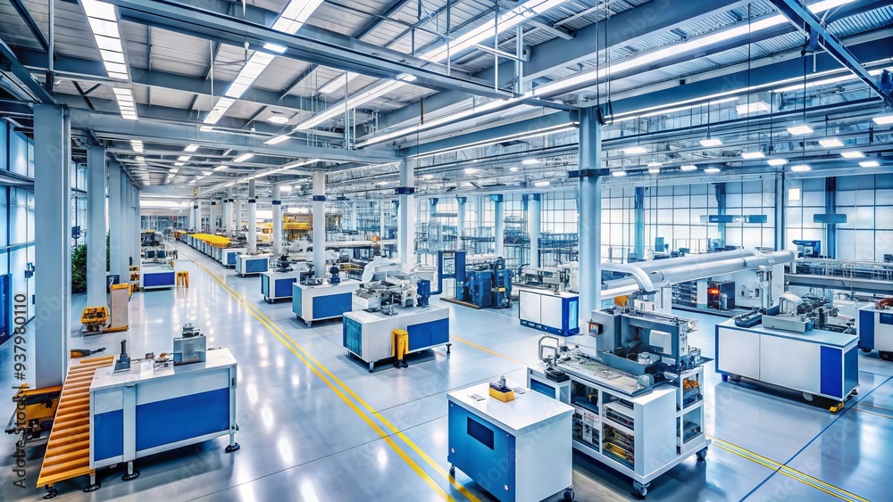 Modern factory interior with rows of high-tech machinery and automated ...