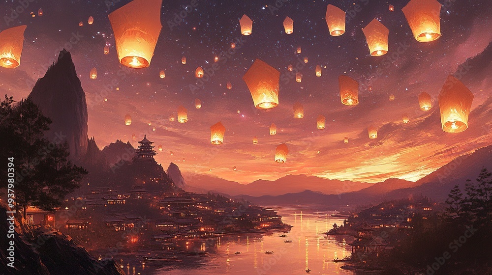 Magical Background of a Starry Night Sky Filled with Floating Lanterns ...