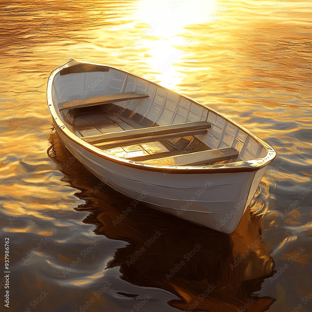Render a vivid, serene rowing boat from a worms-eye perspective ...