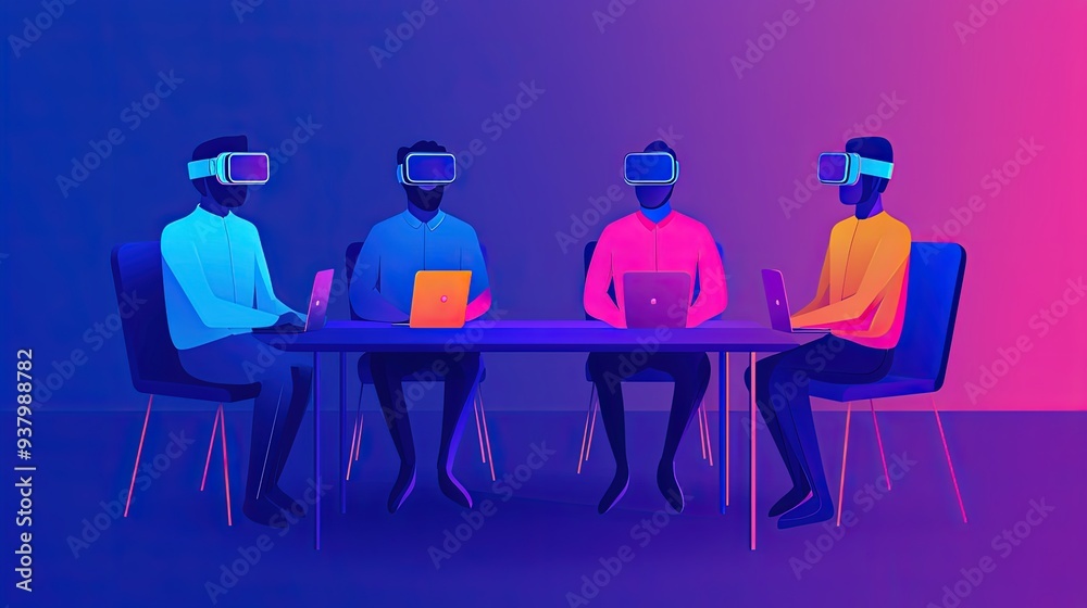 Virtual conference with diverse avatars in a metaverse office, fully ...