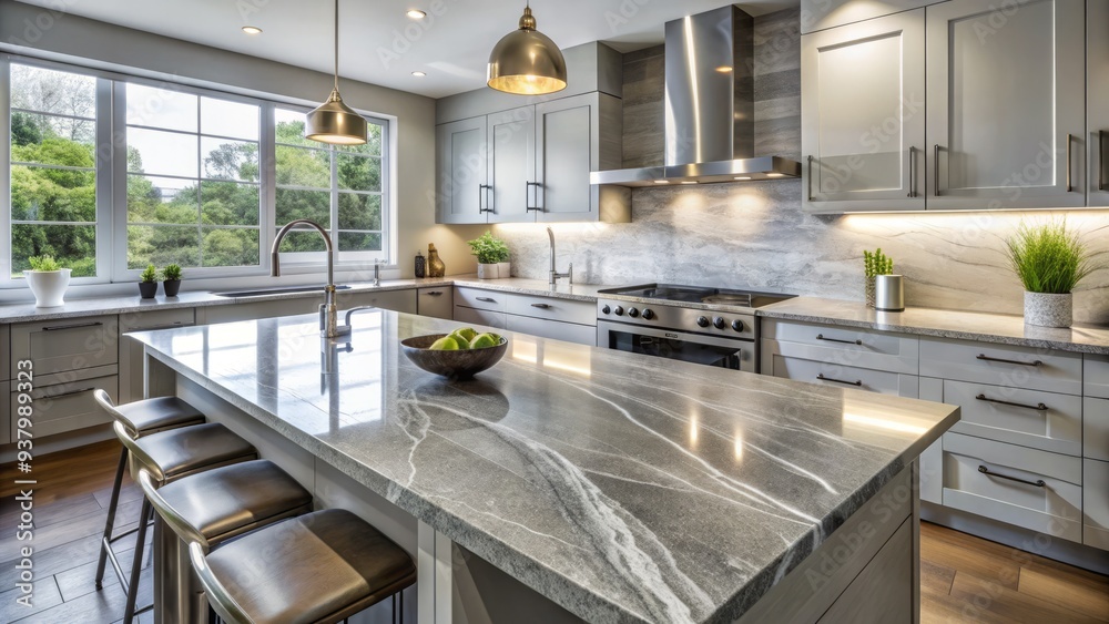 Polished gray stone countertop with subtle veining patterns, installed ...