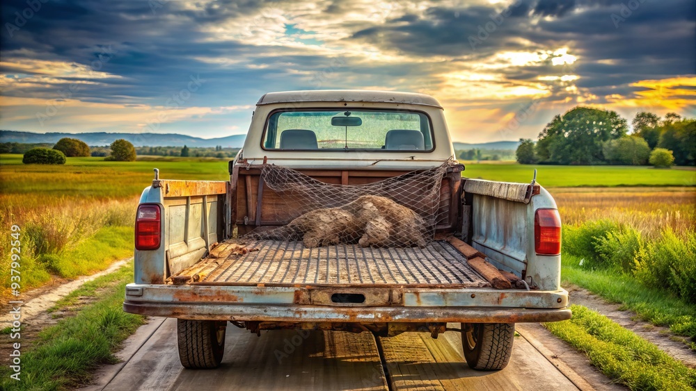 Rear of a large, rusty pickup truck with an open tailgate, empty bed ...