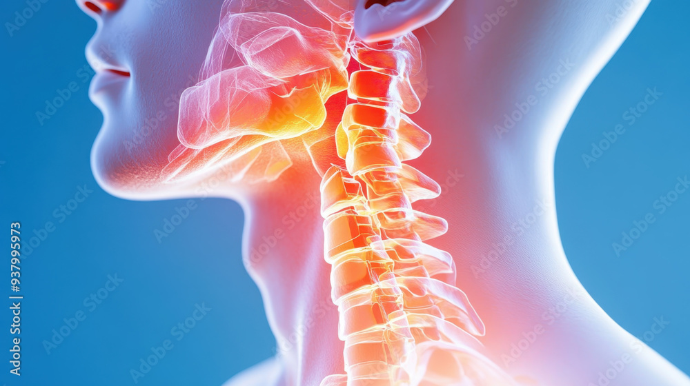 Anatomical illustration of a human neck and cervical spine highlighting ...