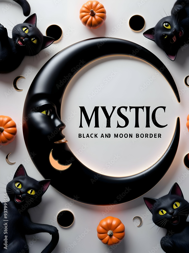 3D Black Cat and Moon Border with Mystic Text concept as A sleek border ...