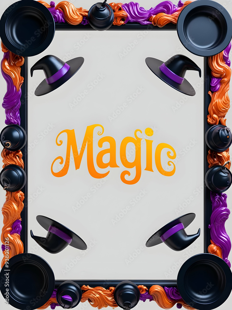 Flat Witch Hat and Cauldron Border with Magic Text concept as A ...