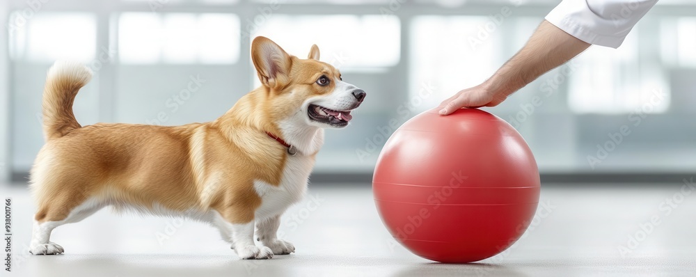 Veterinarian working with a dog on balance exercises using a stability ...