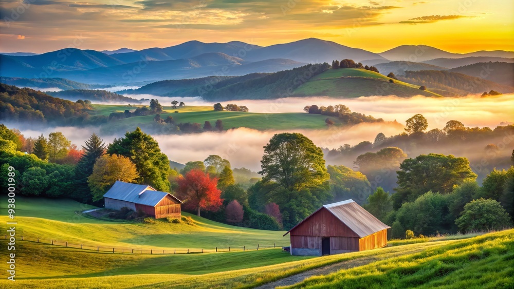 Scenic Blue Ridge Mountain vista at sunrise, with rolling hills, misty ...