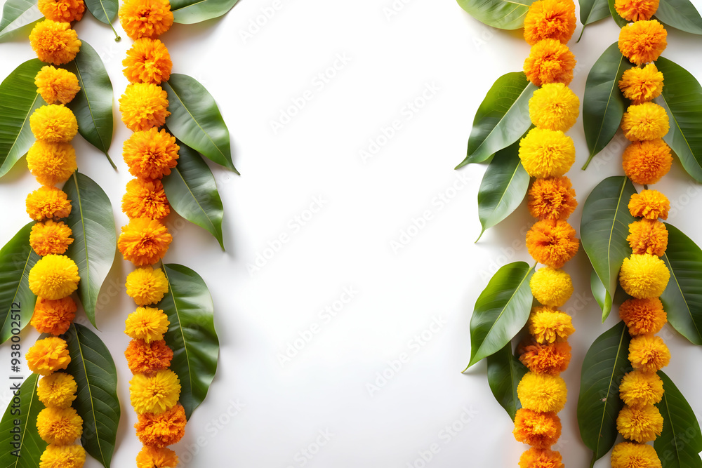 Marigold and Mango Leaves Garland Frame concept as Vertical frame with ...