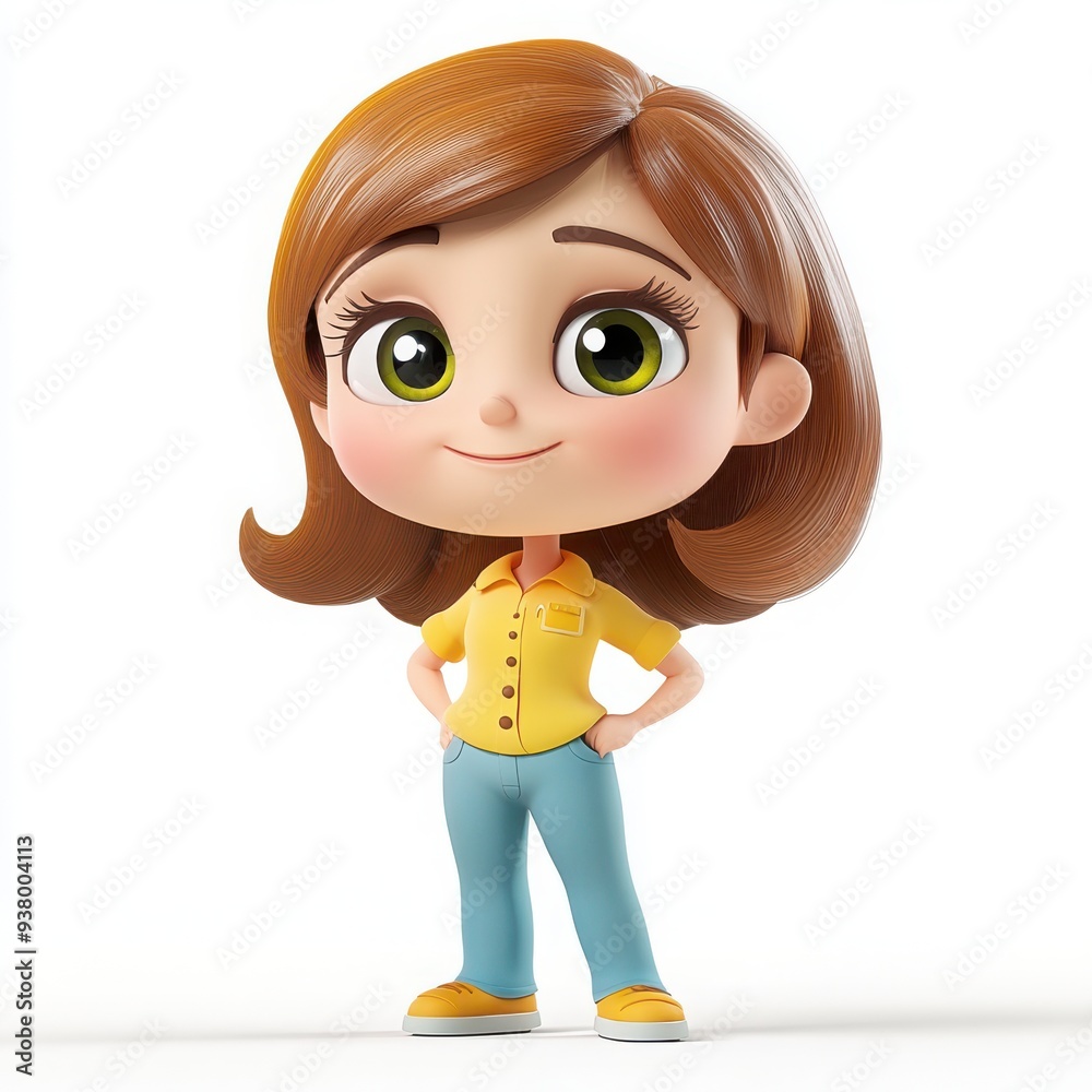 Charming Cartoon Salesgirl, a vibrant 3D illustration featuring a cute ...