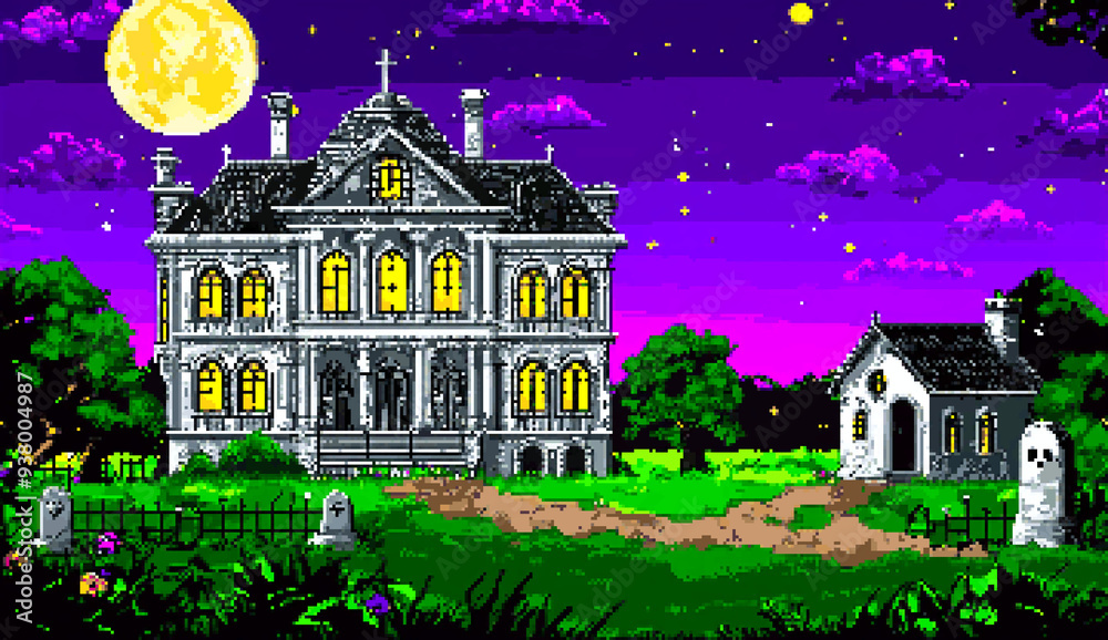 8-bit pixel art of a gothic mansion with white marble and black stone ...