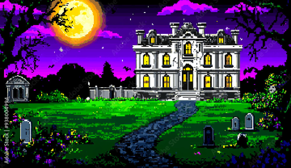 8-bit pixel art of a gothic mansion with white marble and black stone ...