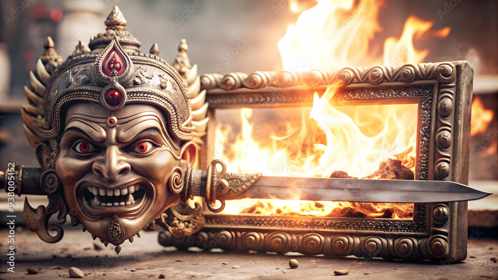 Ravana Mask and Flaming Sword Frame concept as Horizontal frame with a ...