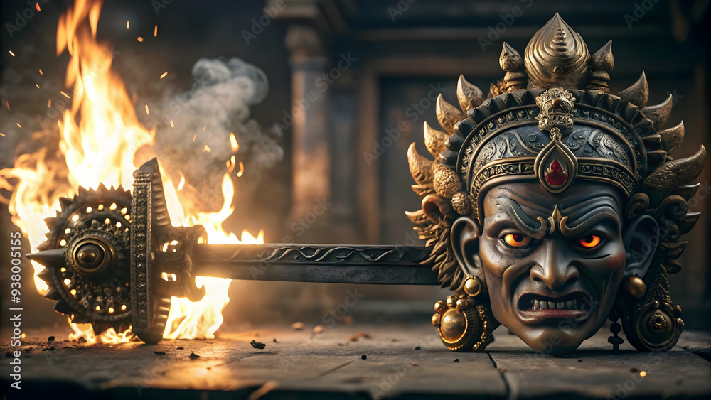 Ravana Mask and Flaming Sword Frame concept as Horizontal frame with a ...