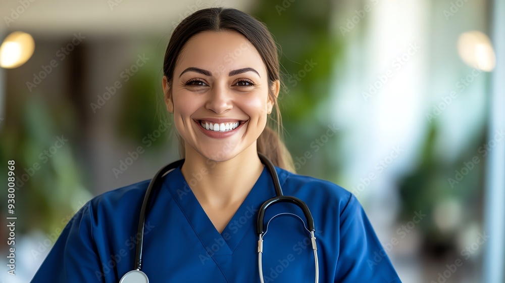 Smiling female nurse in scrubs with stethoscope, representing ...