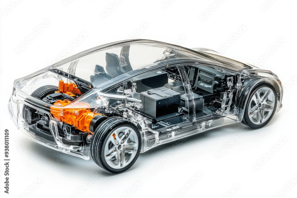 Cutaway view of electric car with battery engine and powertrain on ...