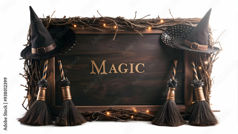 Witchs Hat and Broom Border with Magic Text concept as A mystical ...