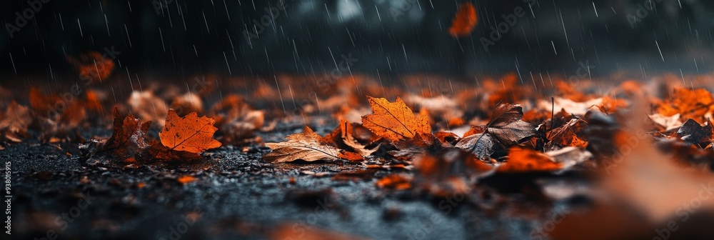 Autumn Rain on Fallen Leaves - A close-up view of fallen leaves on the ...