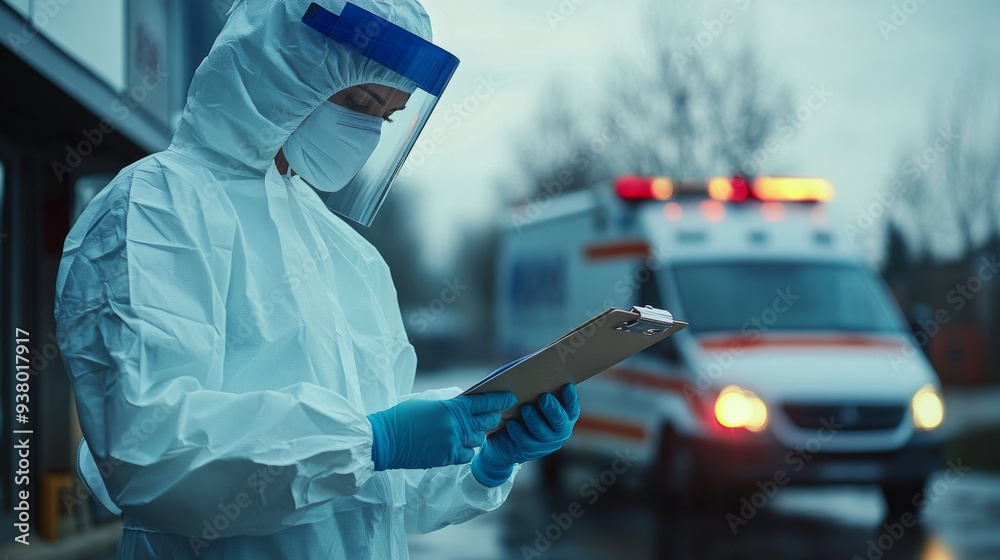 Paramedic wearing ppe is holding a clipboard and taking notes outside a ...