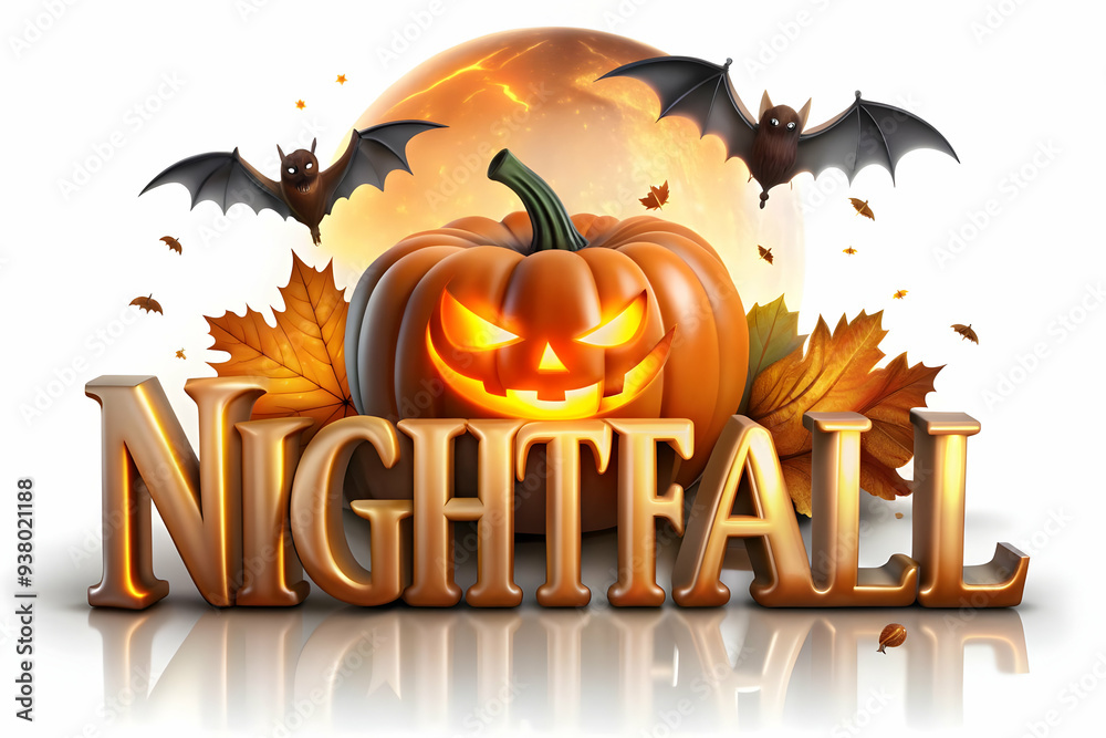 3D Pumpkin and Bat with Nightfall Text concept as An isolated vector ...