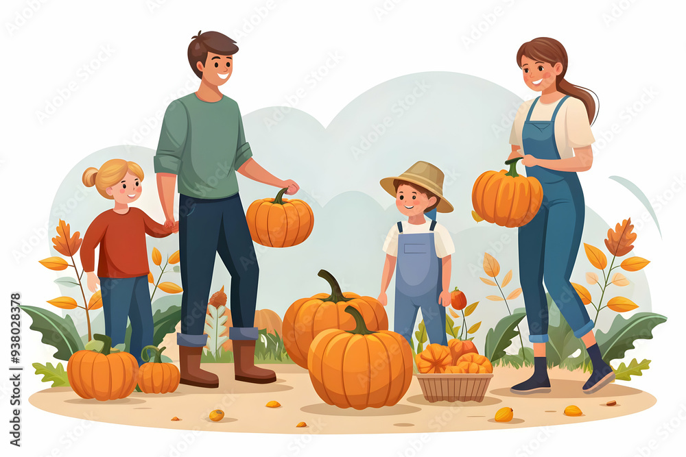Flat Candid Pumpkin Patch Visit concept as A candid shot of a family ...