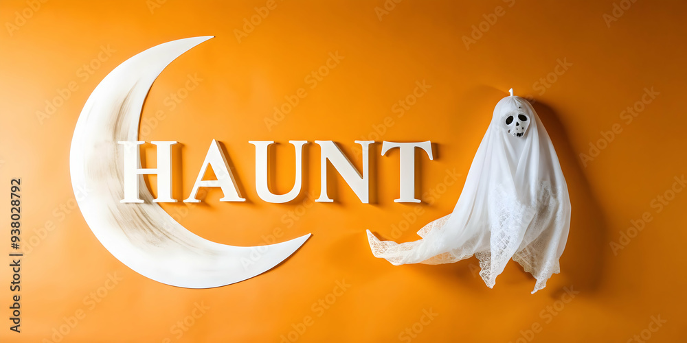 Flat Ghost and Moon with Haunt Text concept as An isolated vector ...