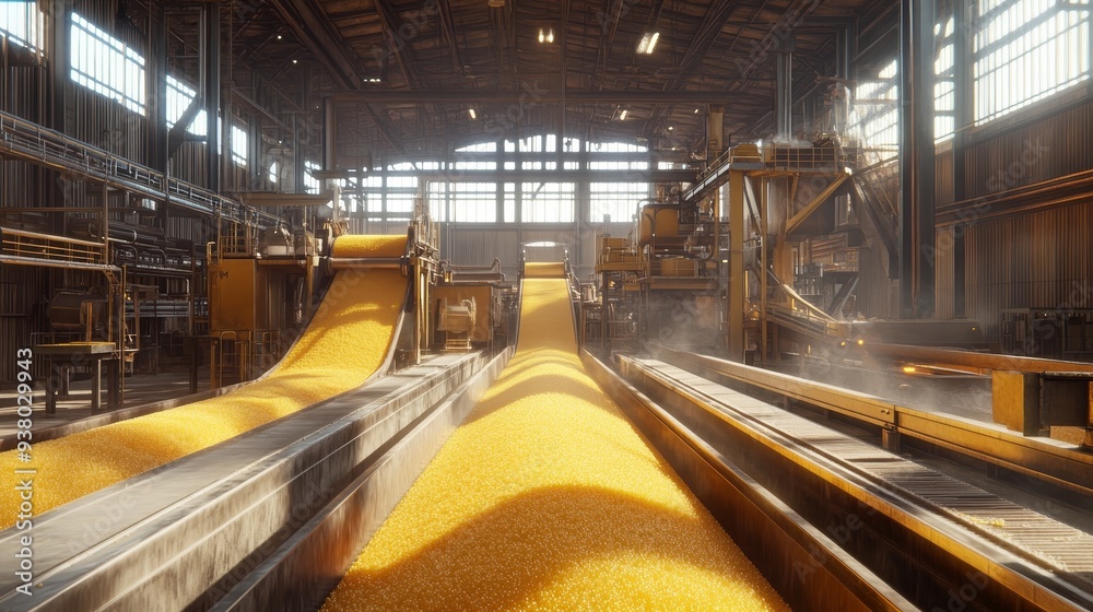 Grain Processing Plant: Conveyor Belts Transporting Yellow Corn Kernels ...
