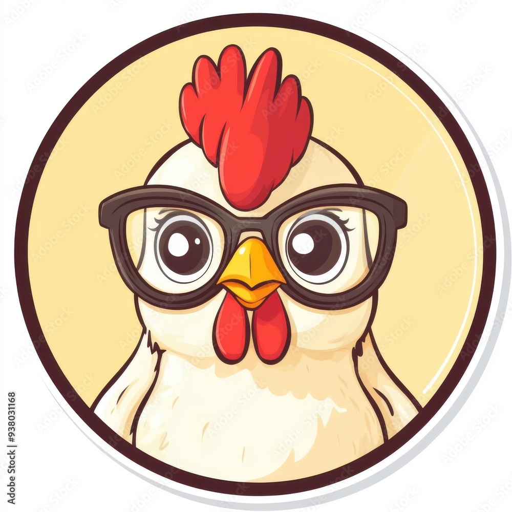 Sticker of a chicken wearing cat-eye glasses in circle shape, cute ...