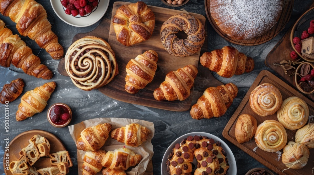 A decadent spread of freshly baked pastries, including croissants, pain ...