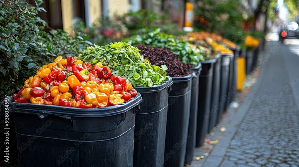 Composting and recycling in an urban environment, showing bins and ...