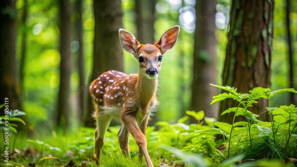 Adorable young fawn with large brown eyes and white spots takes its ...