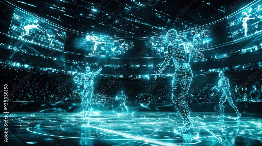 A futuristic sports event where AI-generated holographic players ...