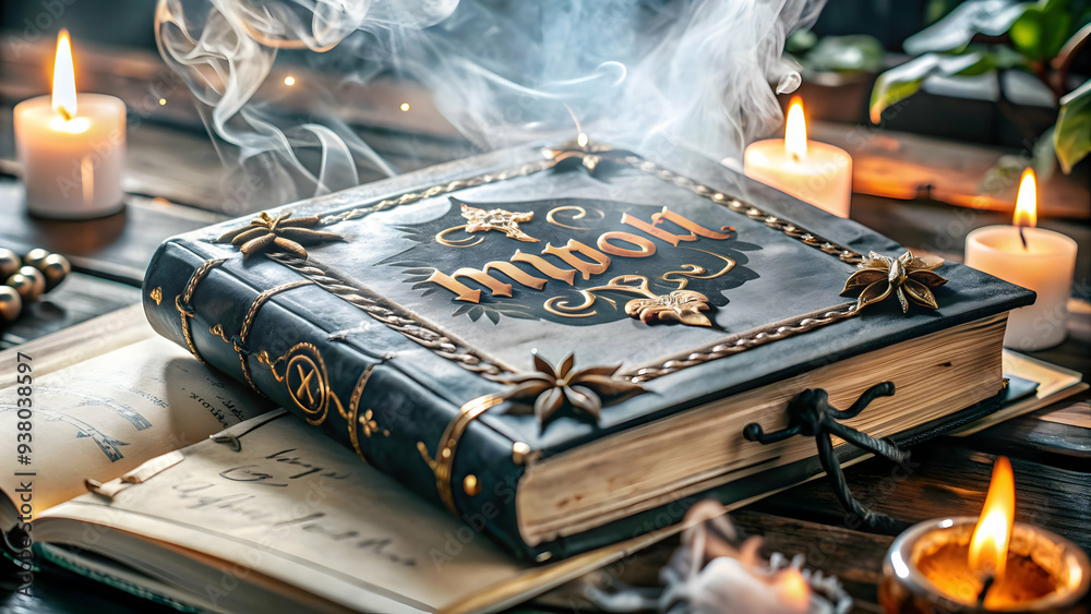 Glossy Witchs Grimoire Background with Glowing Text concept as A glossy ...