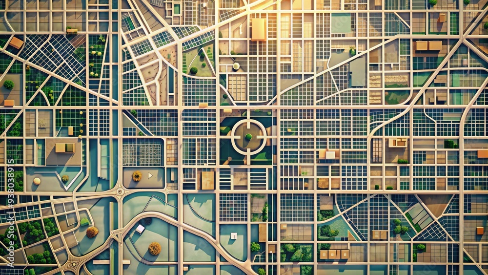 Aerial view of a city map with grid lines and roads, showcasing urban ...
