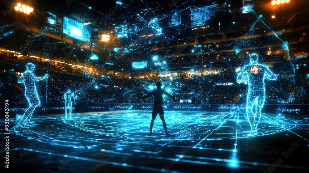 A futuristic sports event where AI-generated holographic players ...