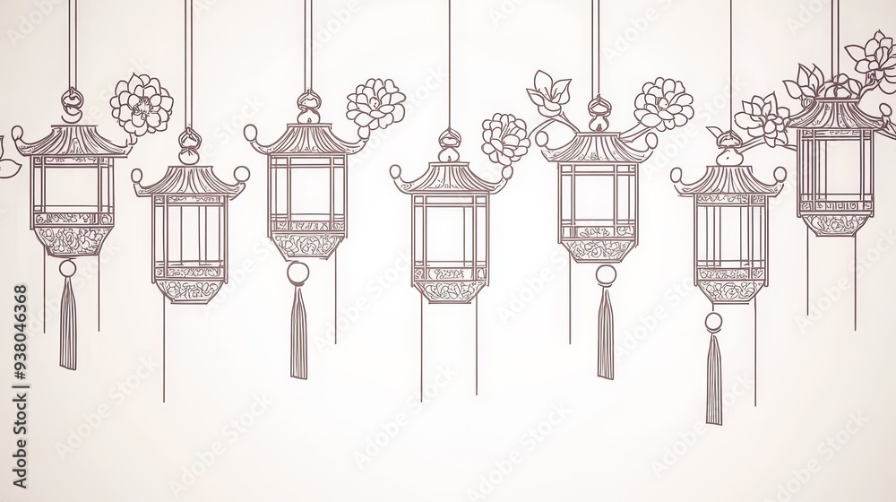 Traditional Chinese Lanterns Hanging Illustration - A line drawing ...
