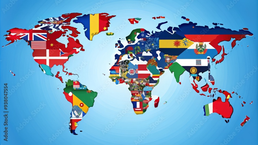 Vibrant colorful flags of countries from around the world overlap and ...