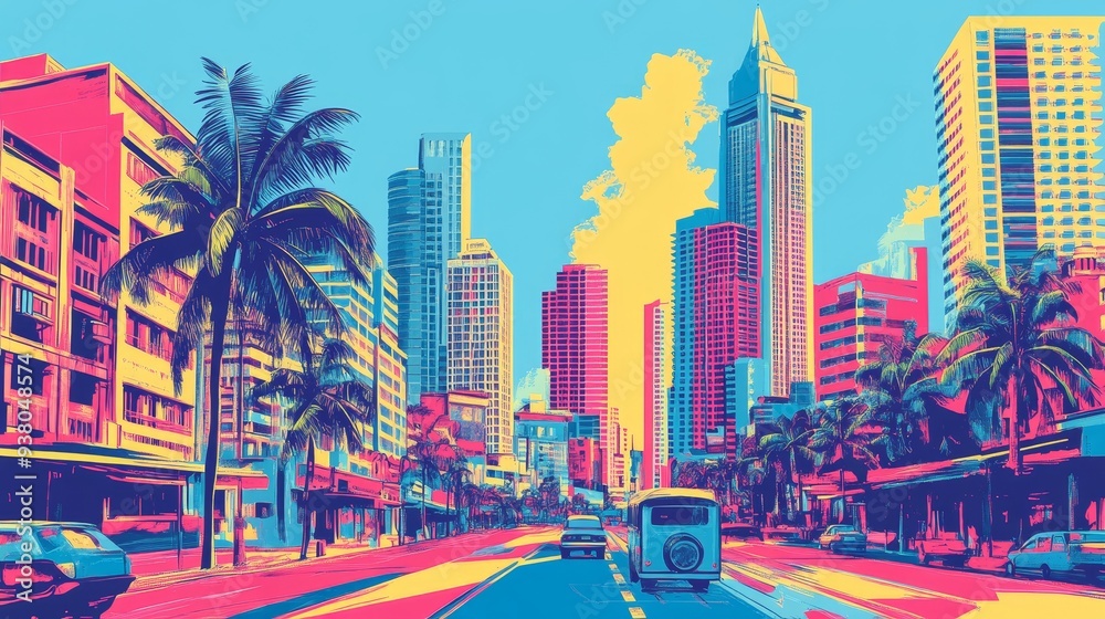 Vibrant Cityscape with Palm Trees and Retro Vibes - A colorful city ...