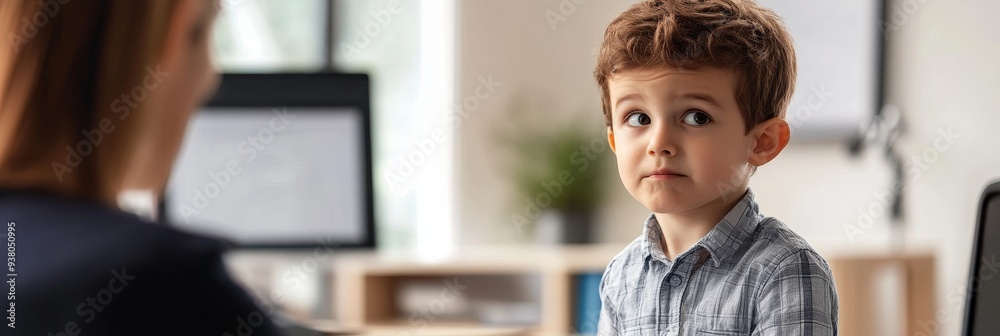 Young Boy Looks Nervous During Meeting with Adult - A young boy sits ...